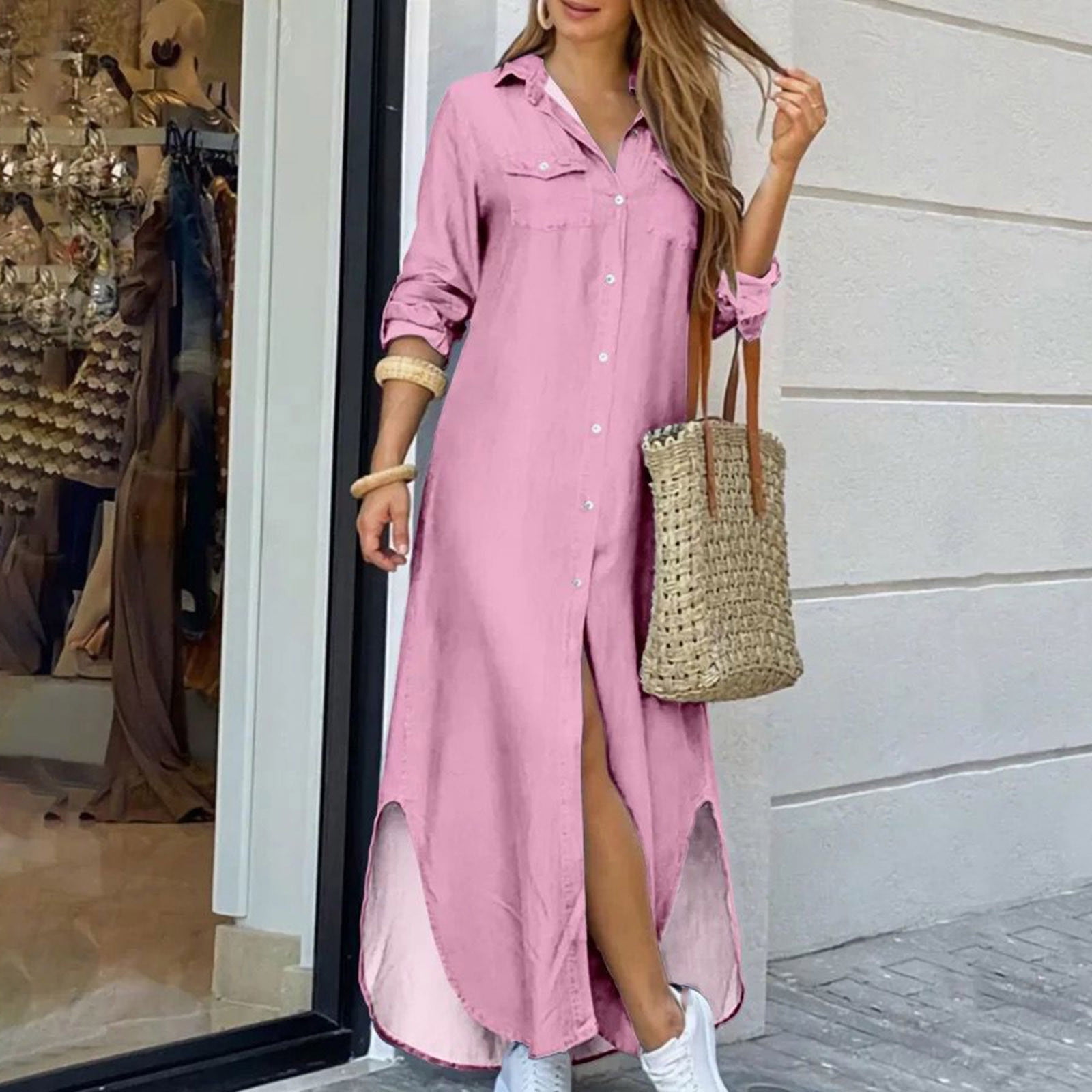 Tumotour Maxi Dress for Women Turndown Collar Summer Dress Side Split ...