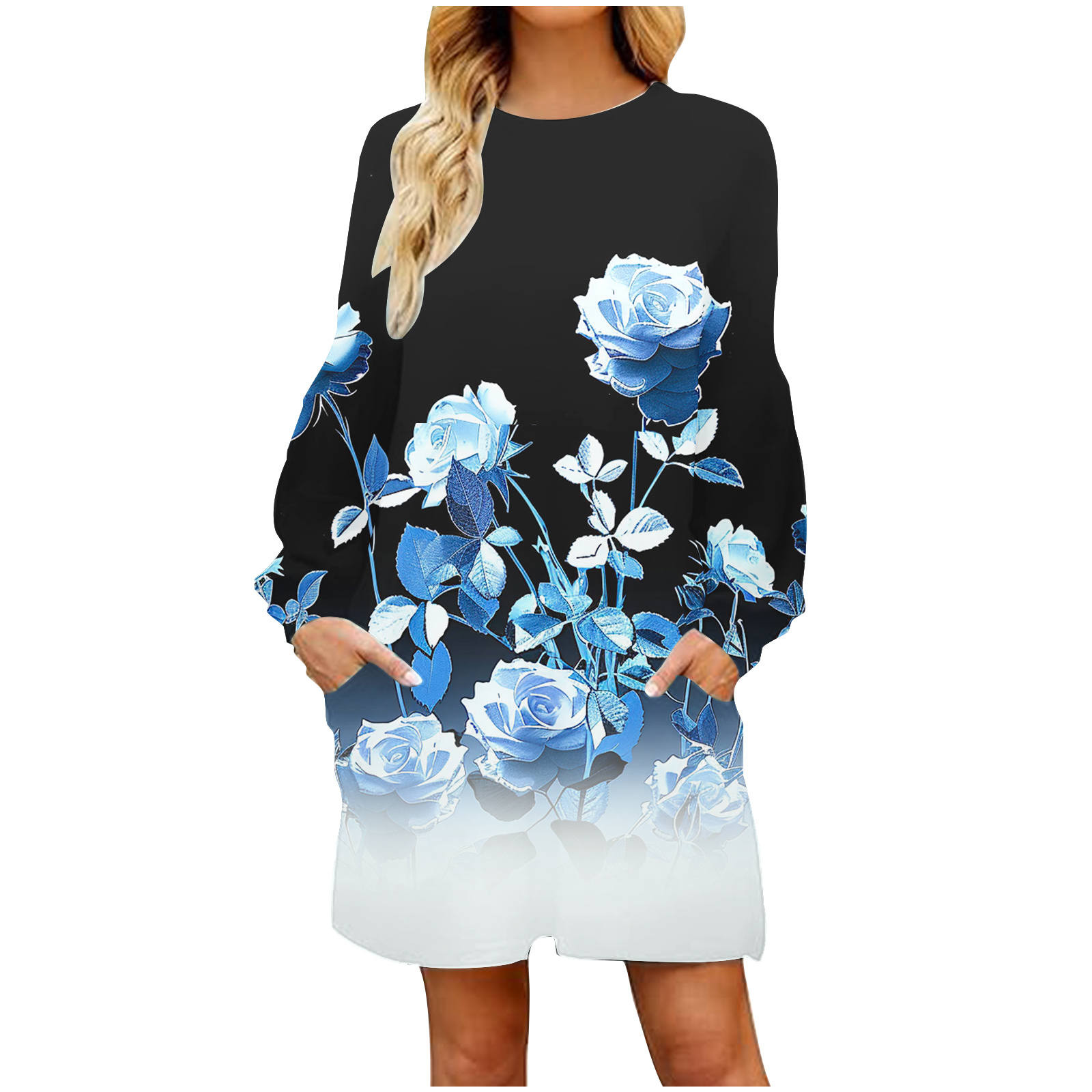 Tumotour Mid-Calf Dresses For Women Long-Sleeved Crew-Neck Printed High ...