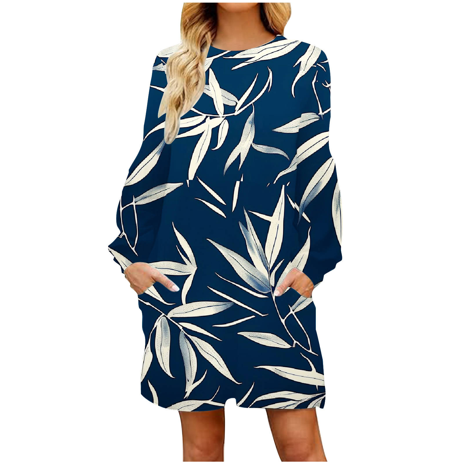 Tumotour Mid-Calf Dresses For Women Long-Sleeved Crew-Neck Printed High ...