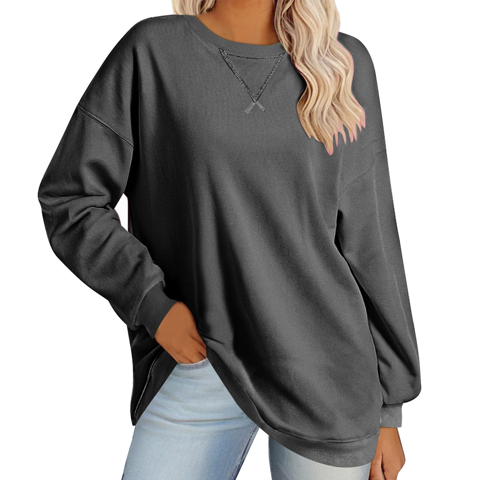 Tumotour Pullover Sweatshirt For Women Solid Color Crew Neck Long ...