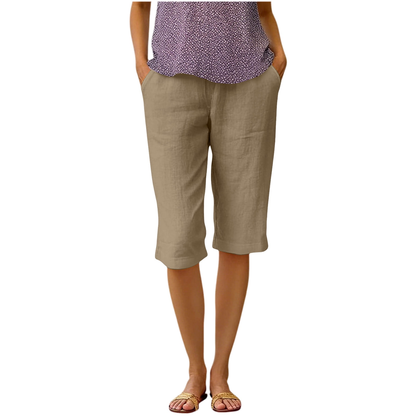 Tumotour Women Summer Linen Solid Color Bermuda Shorts Loose Straight ...