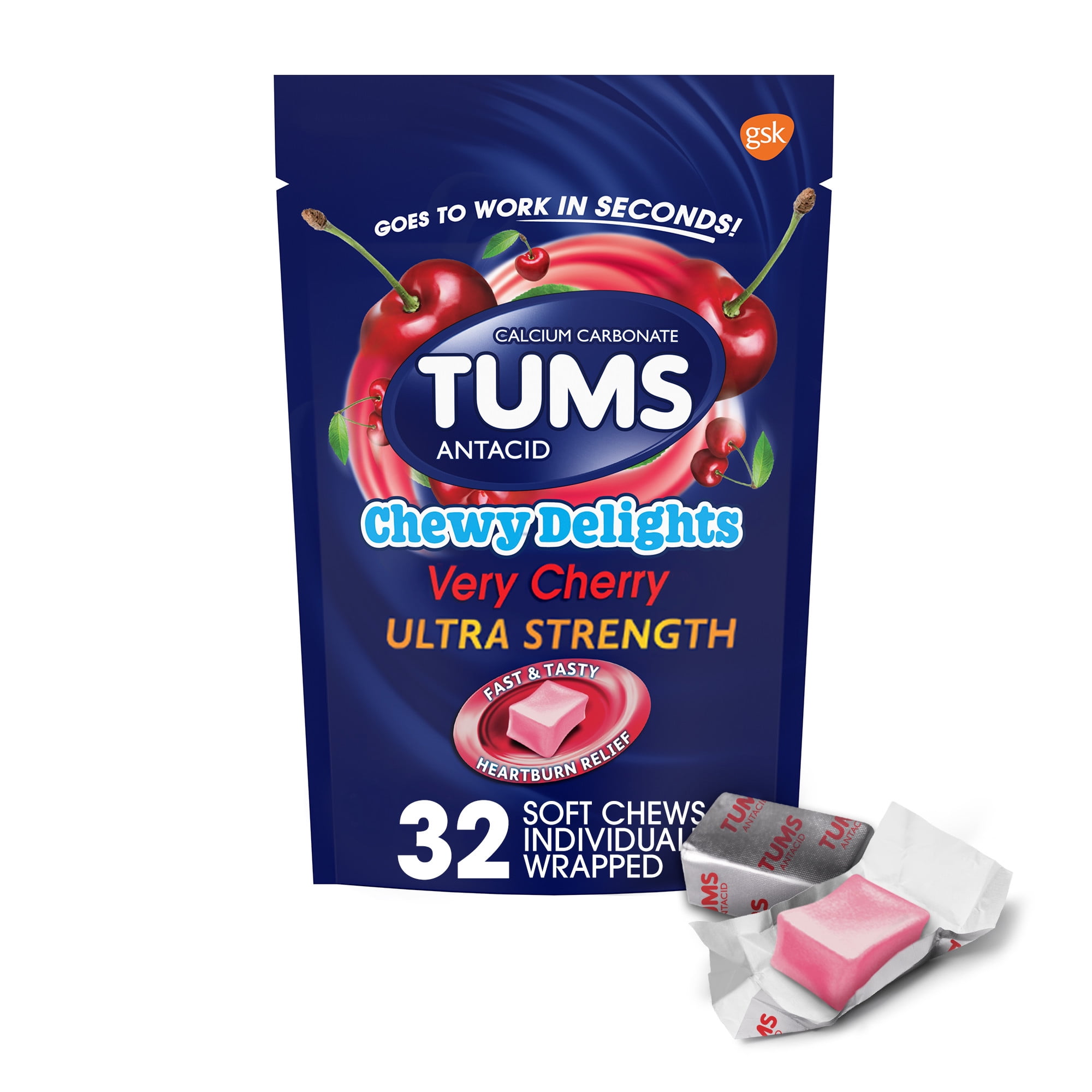 Tums Chewy Delights Very Cherry Ultra Strength Antacid Soft Chews, 32 ...