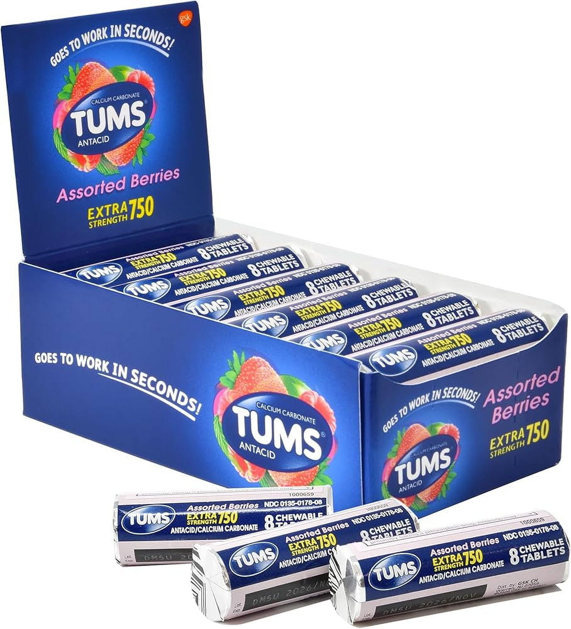 TUMS Extra Strength 750 mg Chewable Antacid Tablets for Fast Heartburn ...