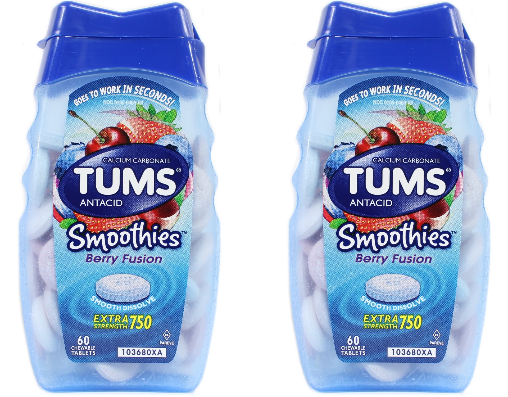 TUMS Smoothies Antacid Tablets, Berry Fusion, 60 Count Pack of 2, Chews ...