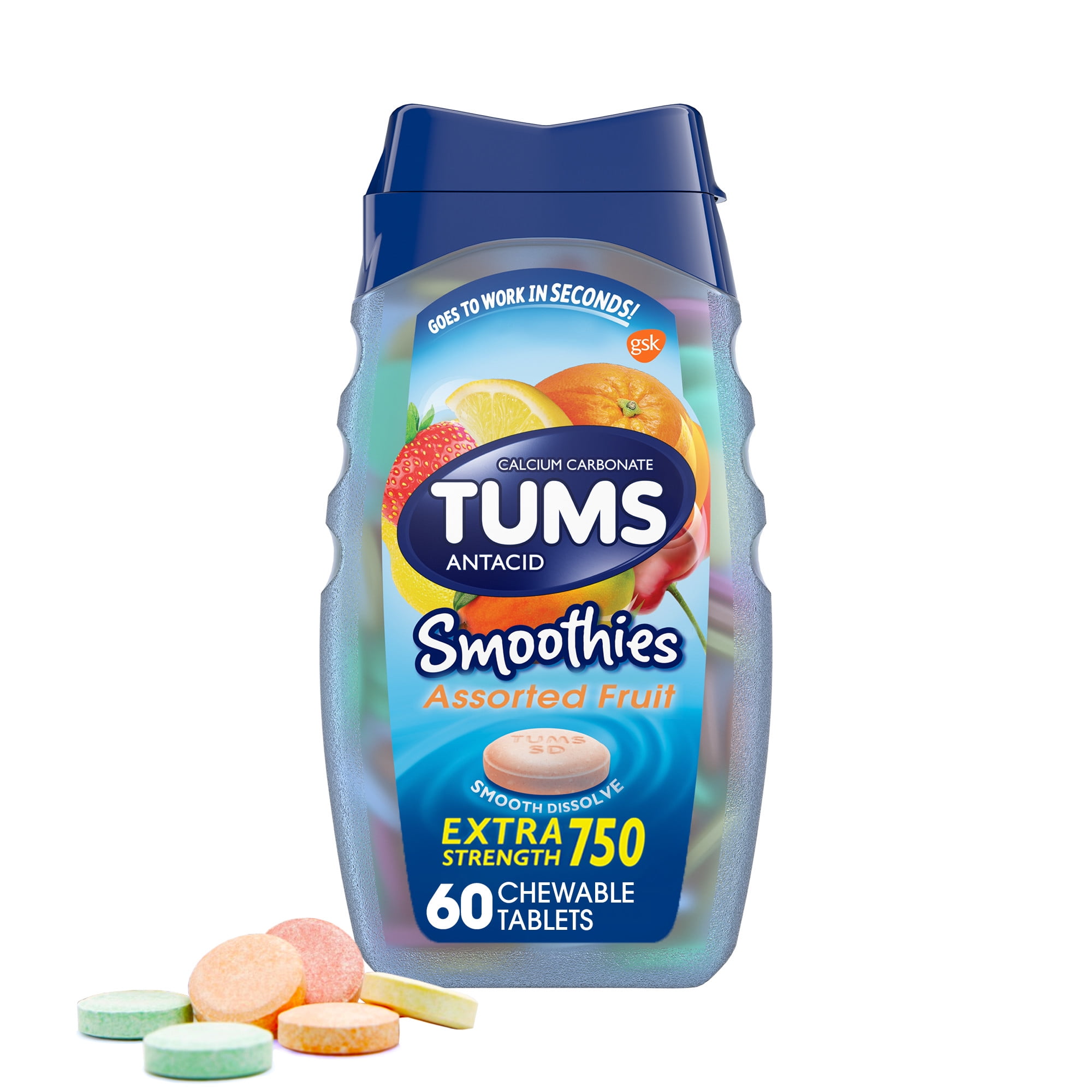 Tums Smoothies Extra Strength Heartburn Relief Antacid Tablets, Fruit ...
