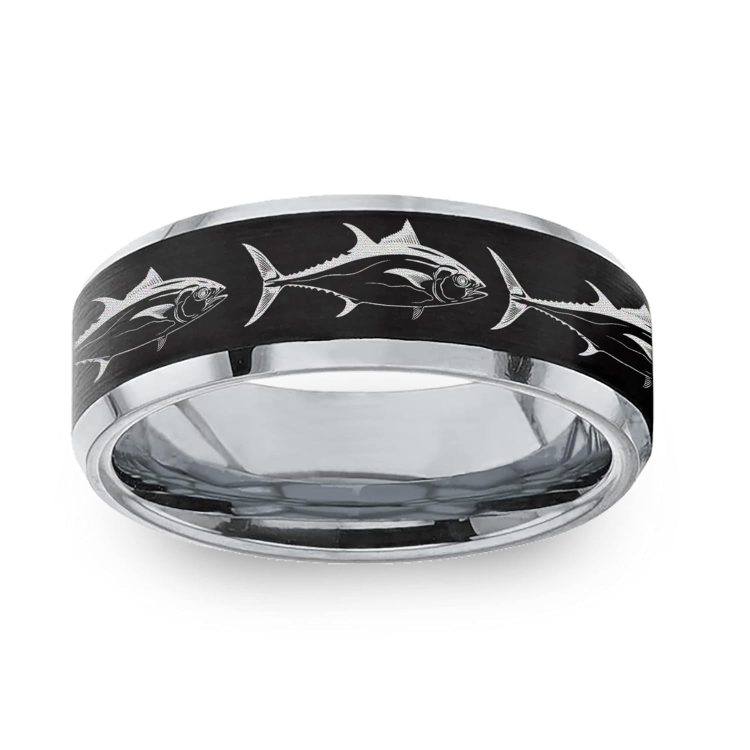 Tuna fish Jumping Sea Print Pattern Ring Engraved Flat Tungsten Ring ...
