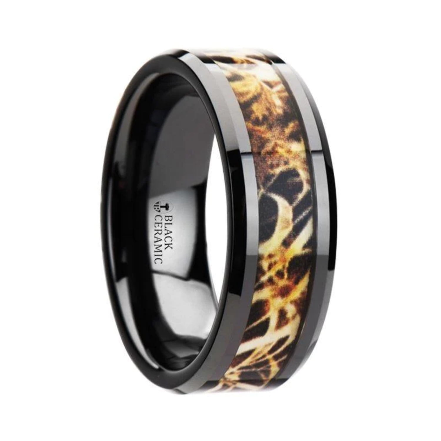 Tundra Black Ceramic Wedding Band With Leaves Grassland Camo Inlay Ring ...