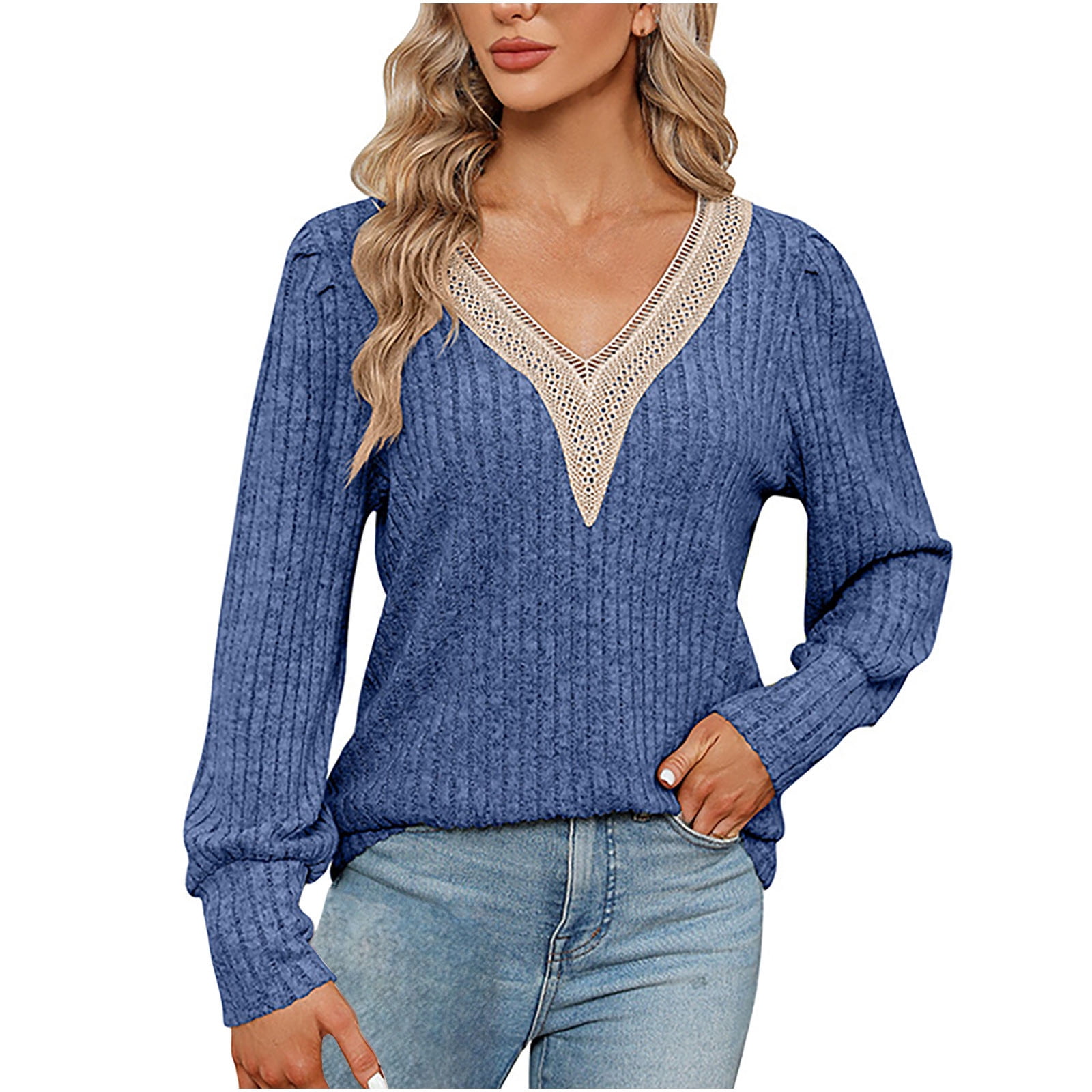 Tungbrin 2025 Women's Lace V Neck Trendy Shirts Crochet Puff Long ...