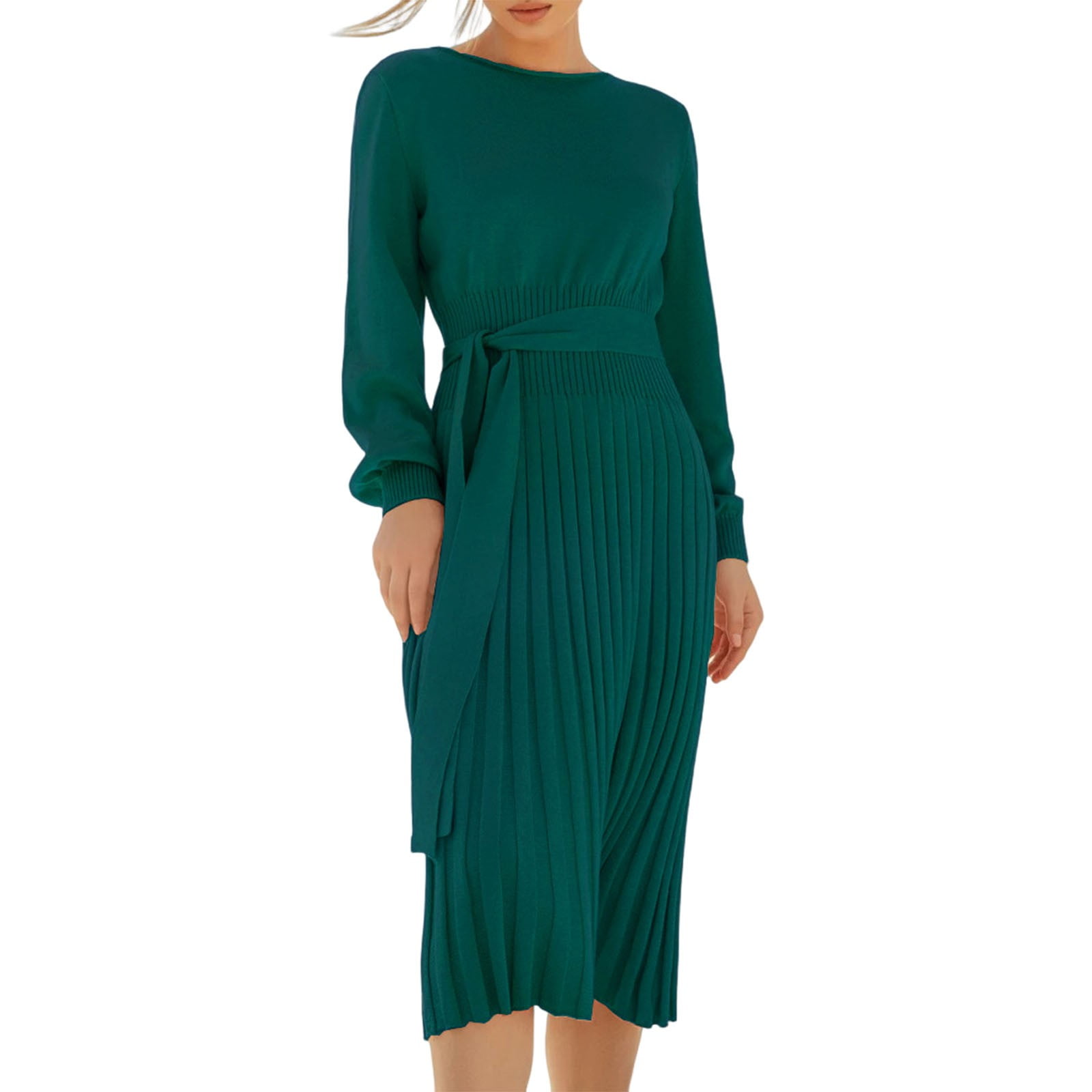 Tungbrin Midi Sweater Dresses For Women Puff Long Sleeve Bowknot Ruched Dresses Fall Winter