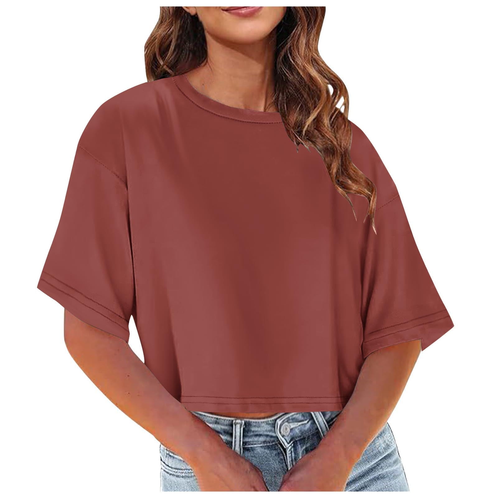 Tungbrin Women's Summer Crop Tops Half Sleeve Drop Shoulder Round Neck ...