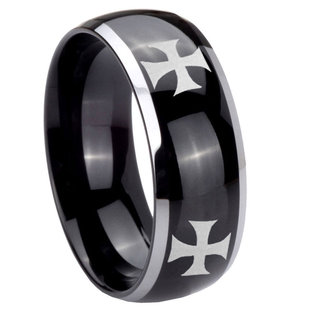 Tungsten 4 Maltese Cross 8mm Glossy Black 2 Tone Dome Polished Edges ...