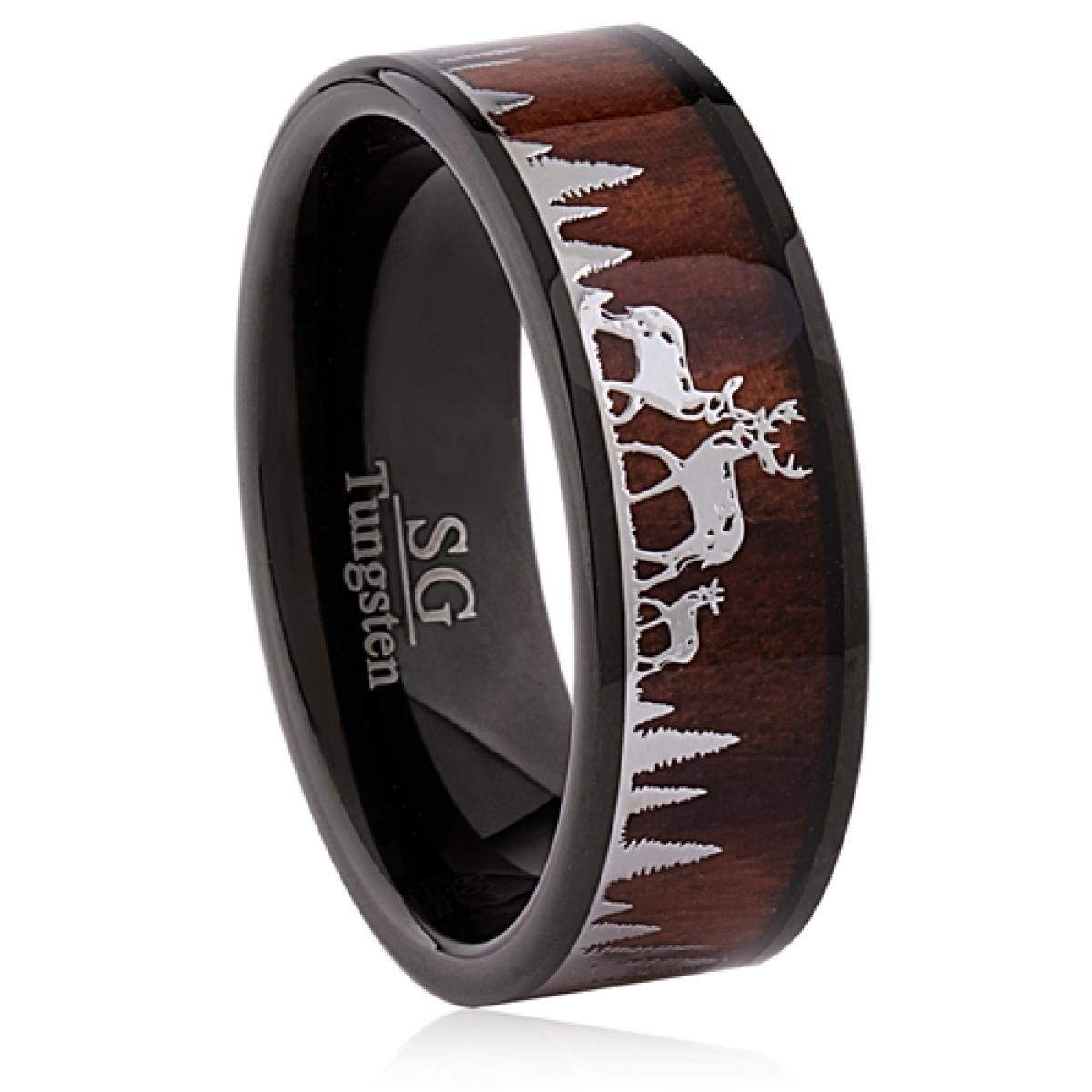 Tungsten -8Mm Wide-Flat Polished Shiny With Mahogany Wood -- Deer And ...