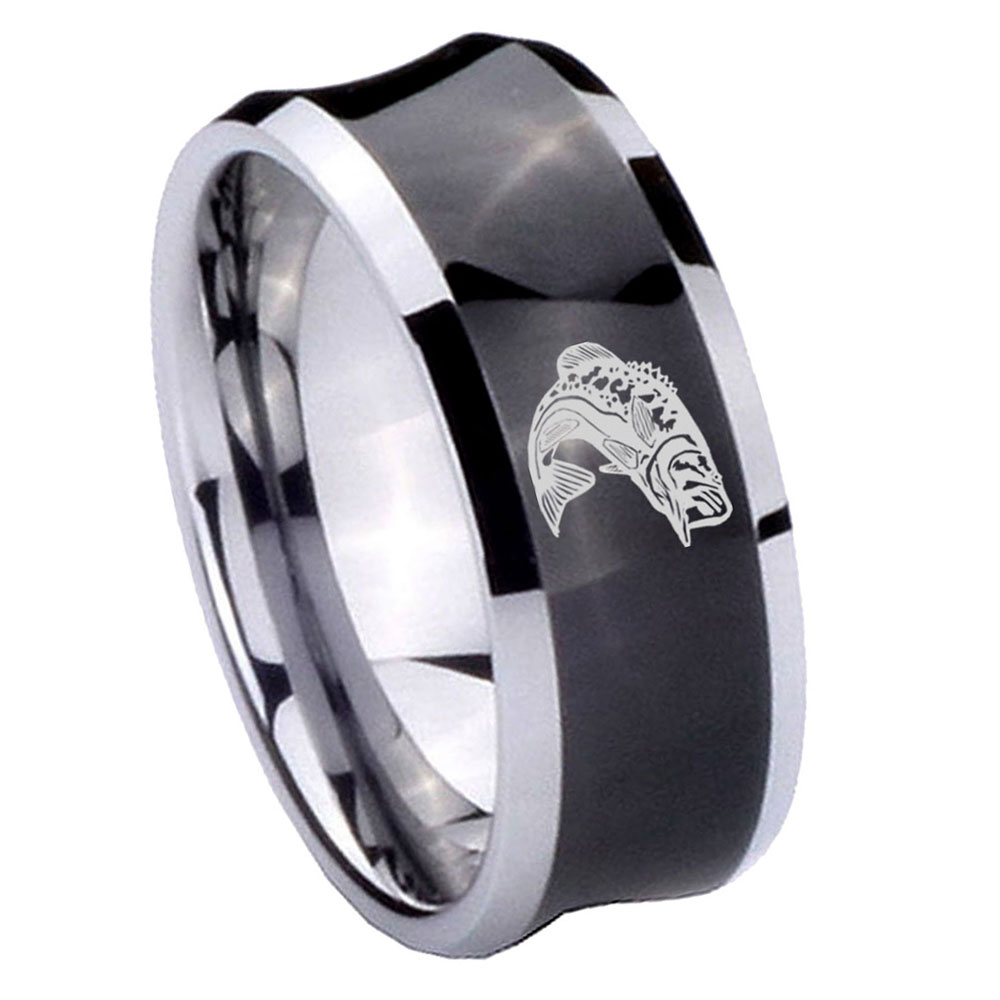 Tungsten Bass Fishing 8mm Brushed Black Polished Concave Men Ring ...