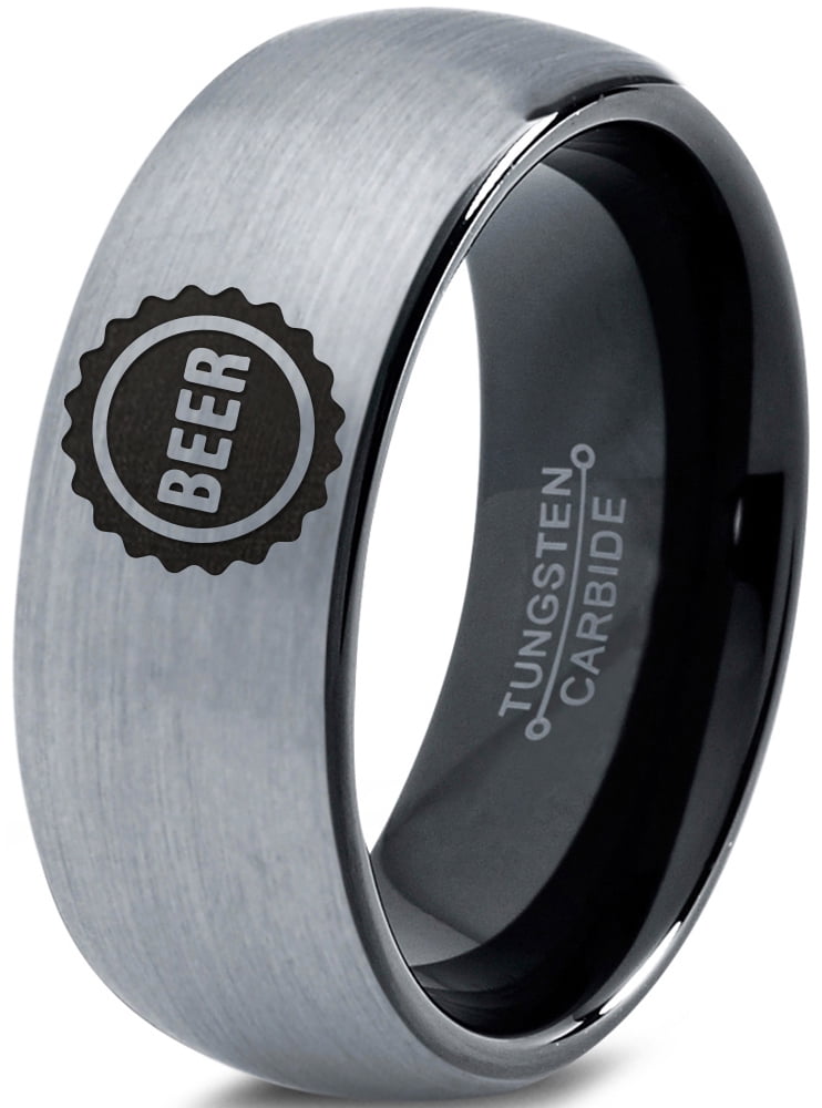 Tungsten Beer Bottle Cap Band Ring 8mm Men Women Comfort Fit Black Dome ...