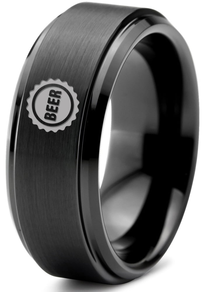 Tungsten Beer Bottle Cap Band Ring 8mm Men Women Comfort Fit Black Step ...
