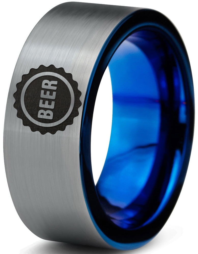 Tungsten Beer Bottle Cap Band Ring 8mm Men Women Comfort Fit Blue Flat ...