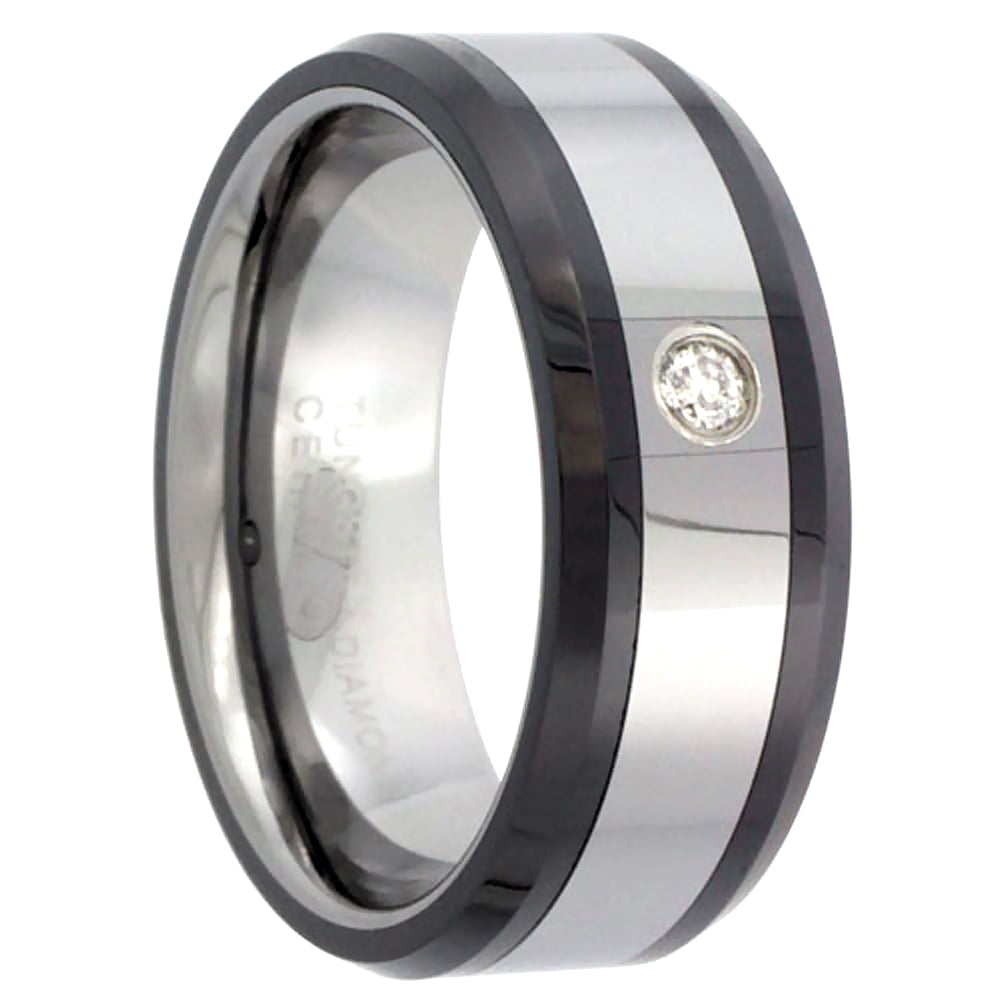 Tungsten Beveled Black Ceramic Inlay Edges Diamond Wedding Band Rings ...