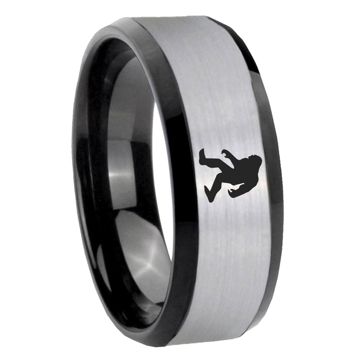 Tungsten Bigfoot 8mm Brushed Gray Beveled Edges Black Polished Men Ring ...