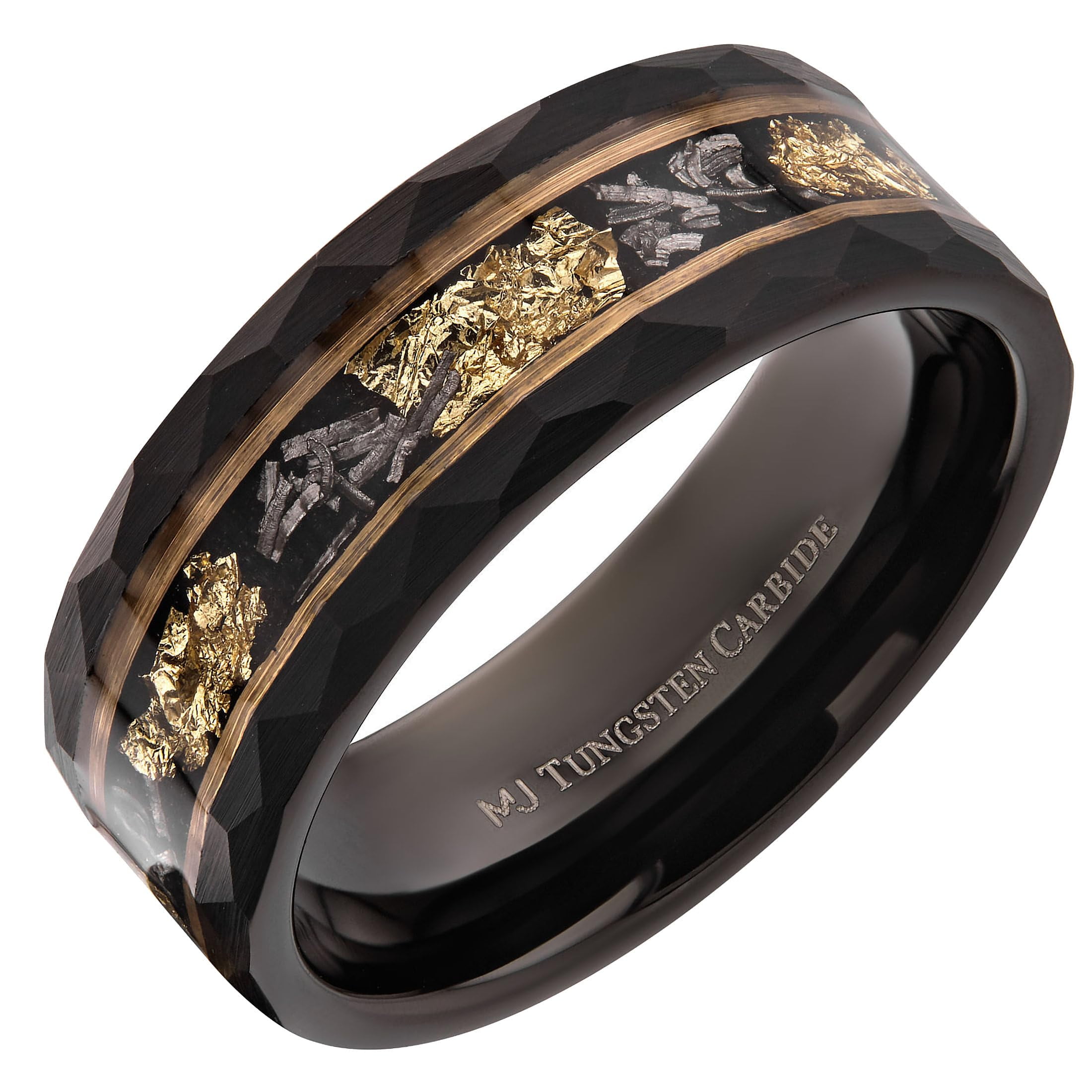 Tungsten Carbide Hammered 8mm Black Plated Wedding Band with Gold Foil ...