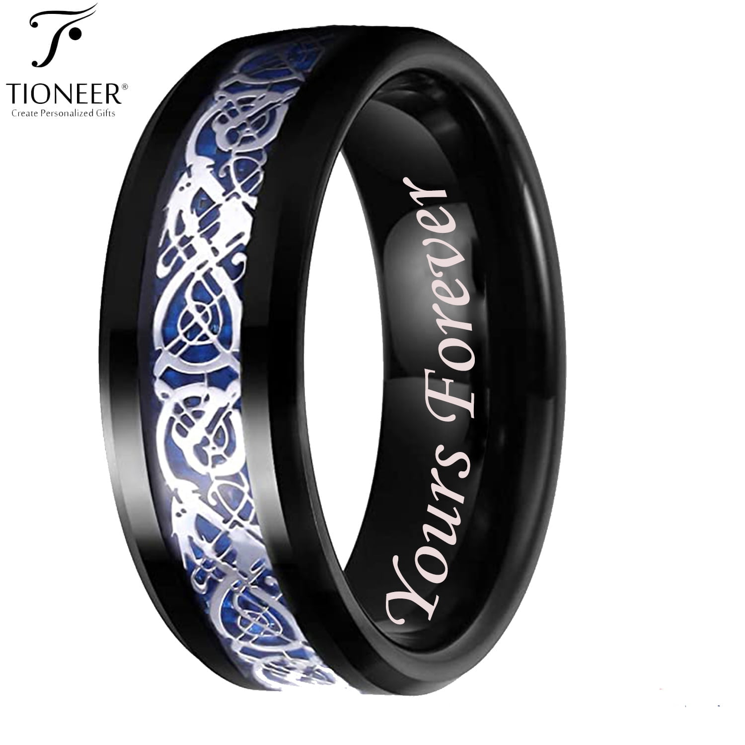 Tioneer Tungsten Carbide Wedding Band Ring Celtic Dragon Blue Carbon ...