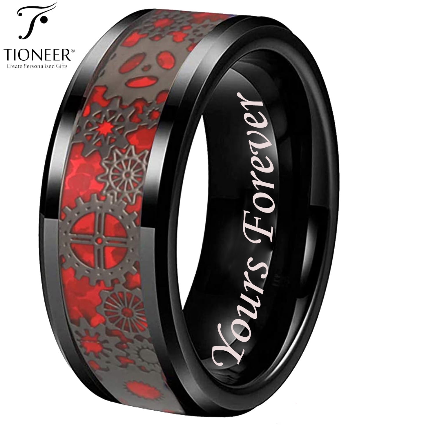 Tioneer Tungsten Carbide Wedding Band Ring Steampunk Gears Red Carbon Fiber Inlay 8mm Yours ...