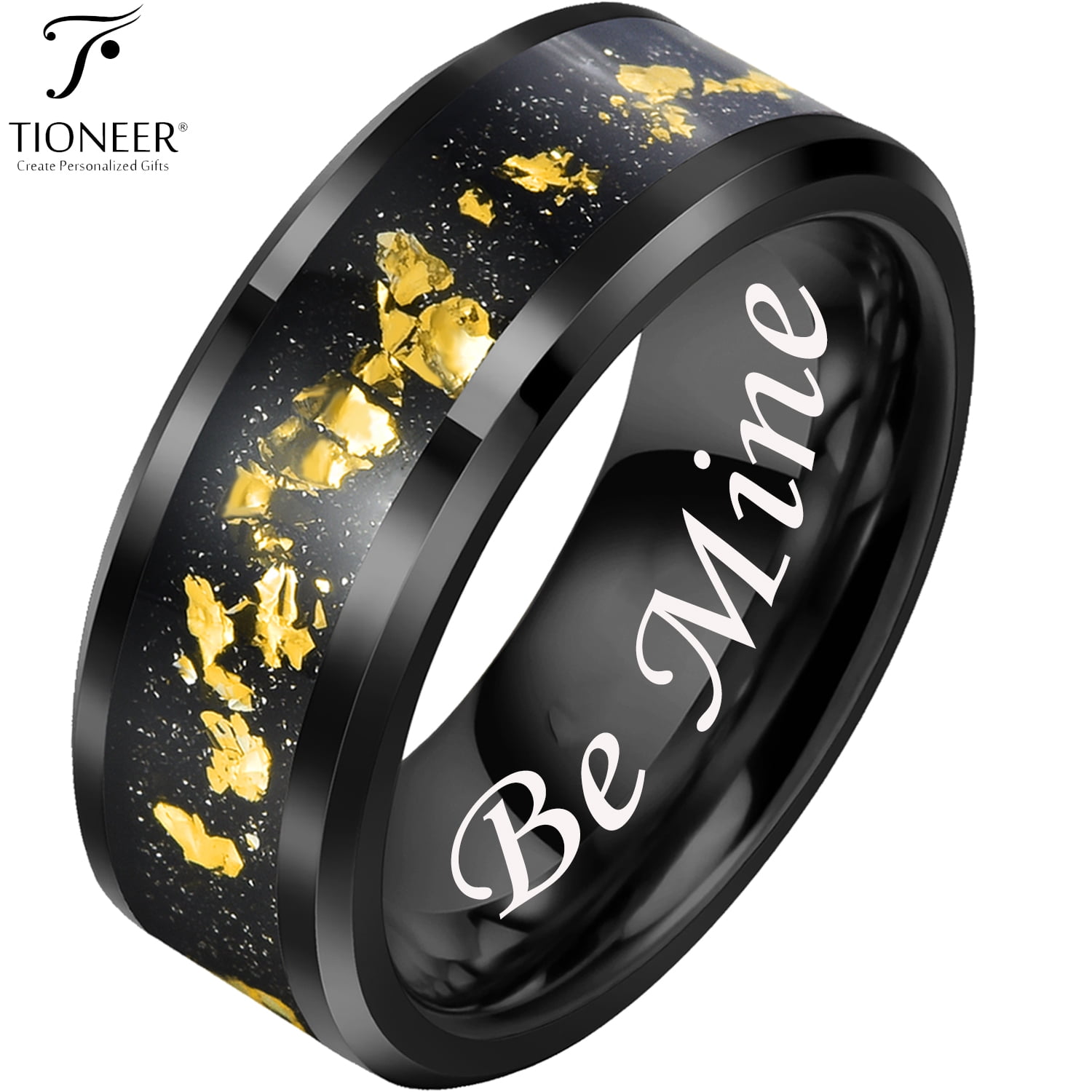 Tungsten Carbide In Silver Or Black Beveled Edge W Gold Foils Inlay