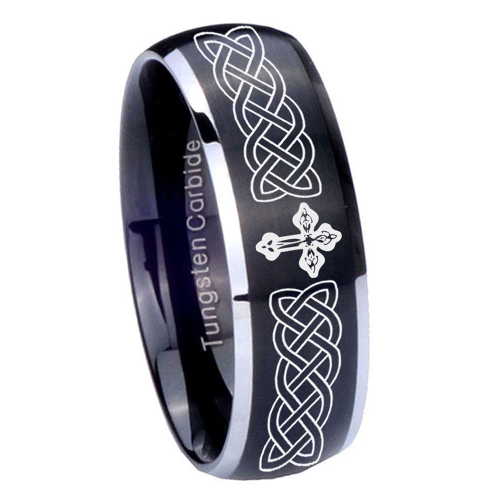 Tungsten Celtic Cross 8mm Brushed Black 2 Tone Dome Polished Edges Men ...