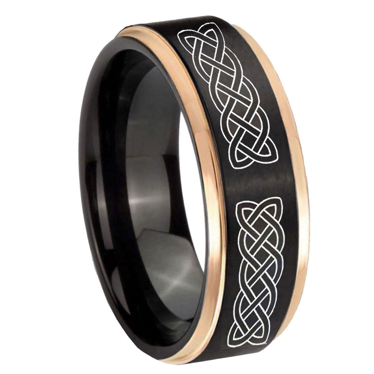 Tungsten Celtic Knot 8mm Black And Rose Gold Step Edges Men Ring ...