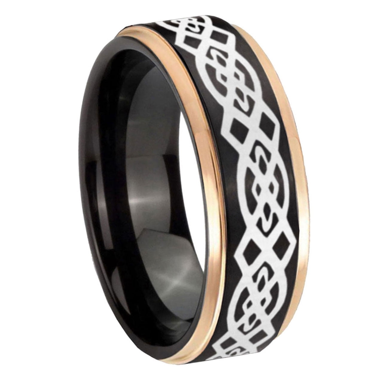 Tungsten Celtic Knot 8mm Black And Rose Gold Step Edges Men Ring ...