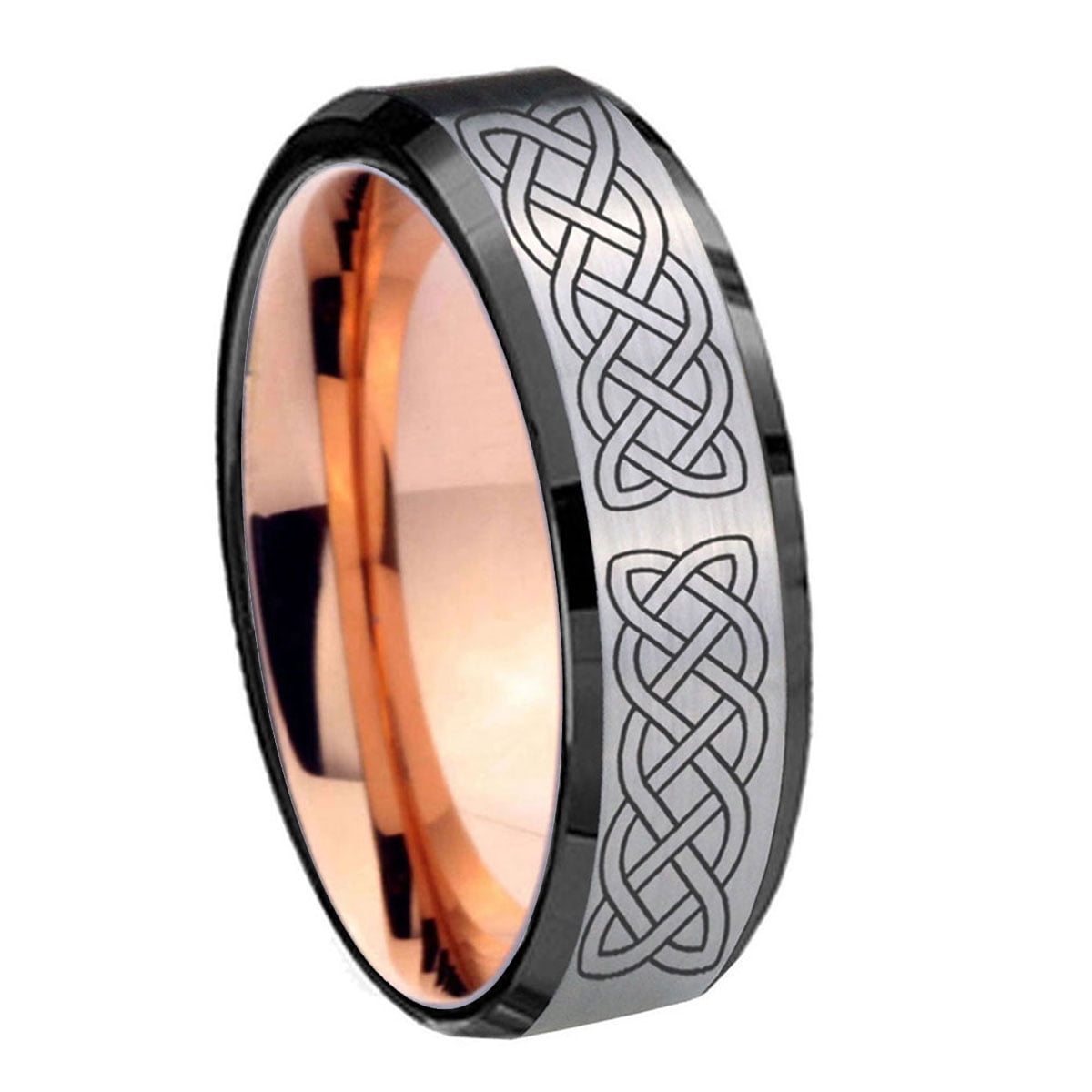 Tungsten Celtic Knot 8mm Gray And Rose Gold Beveled Edge Rings ...
