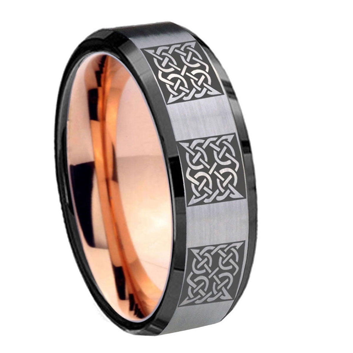 Tungsten Celtic Knot 8mm Gray And Rose Gold Beveled Edge Rings ...