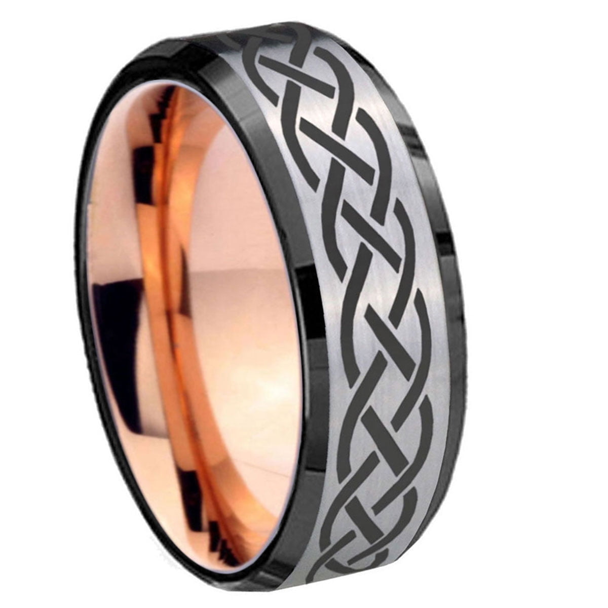 Tungsten Celtic Knot 8mm Gray And Rose Gold Beveled Edge Rings ...