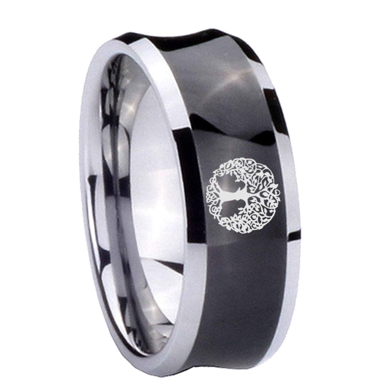 Tungsten Celtic Tree 8mm Brushed Black Polished Concave Men Ring ...