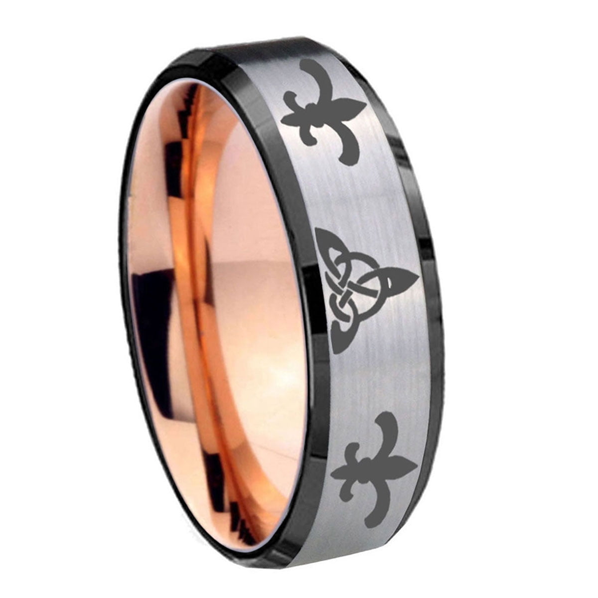 Tungsten Celtic Triangle Fleur De Lis 8mm Gray And Rose Gold Beveled ...