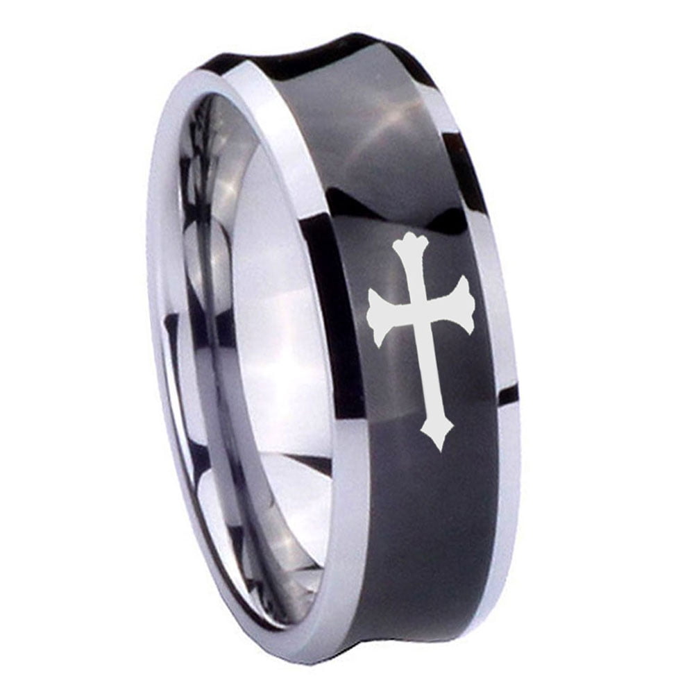 Tungsten Christian Cross 8mm Brushed Black Polished Concave Men Ring ...
