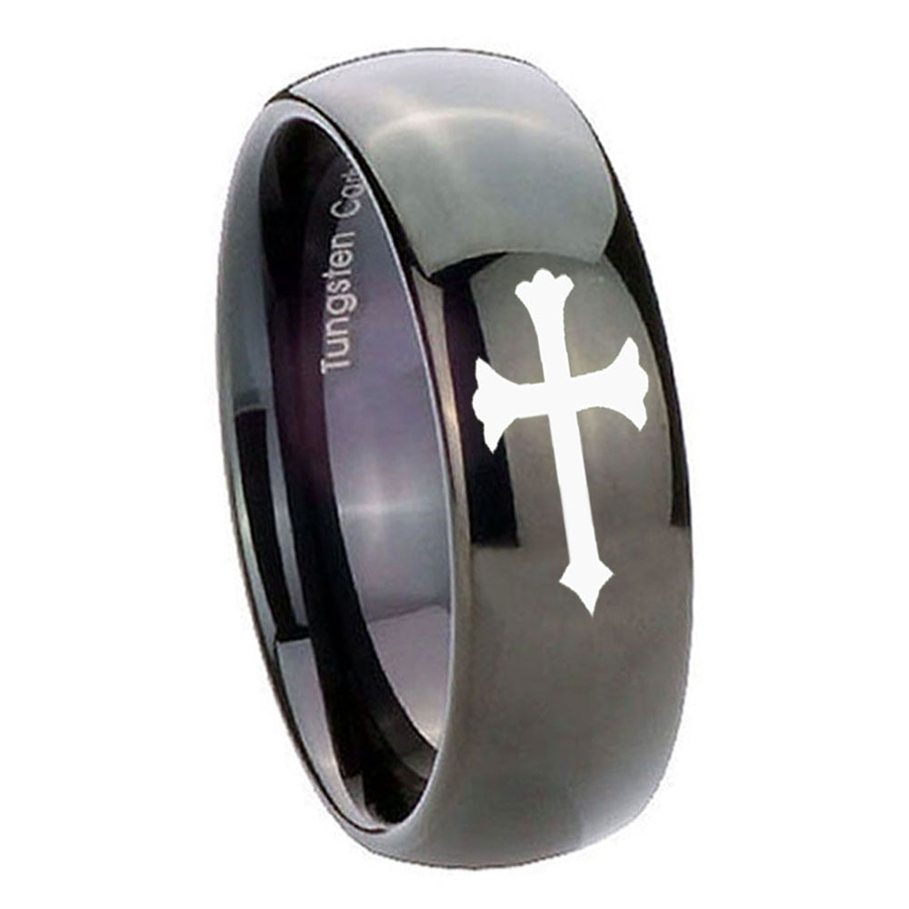 Tungsten Christian Cross 8mm Glossy Black Polished Dome Men Ring ...