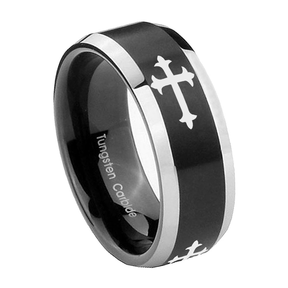 Tungsten Christian Cross Religious 8mm Brushed Black 2 Tone Beveled ...