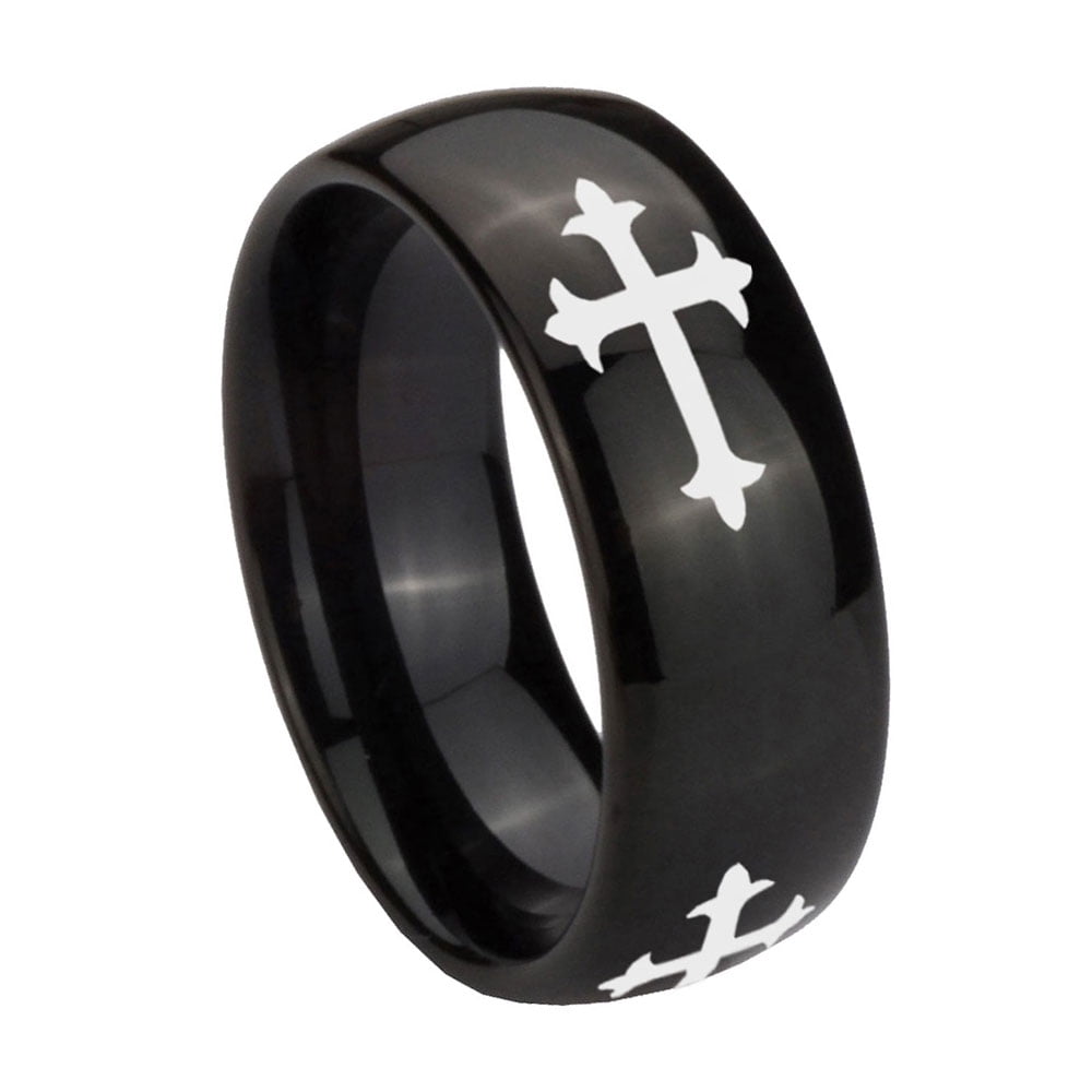 Tungsten Christian Cross Religious 8mm Glossy Black Polished Dome Men ...