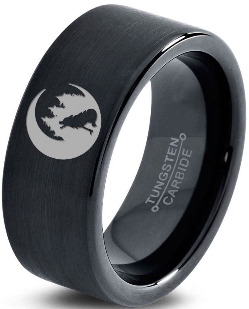 Tungsten Crescent Moon Howling Wolf Forest Trees Engraved Band Ring 9mm ...