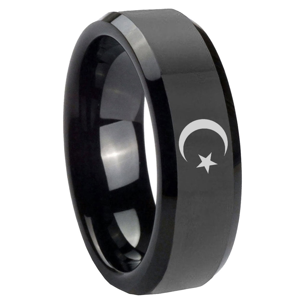 Tungsten Crescent Moon Stars 8mm Glossy Black Polished Beveled Edges ...