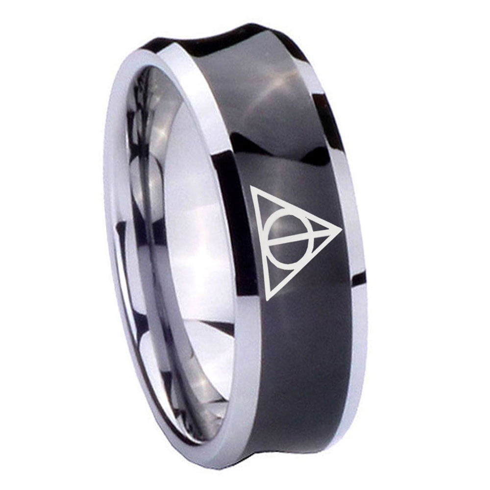 Tungsten Deathly Hallows 8mm Brushed Black Polished Concave Men Ring ...