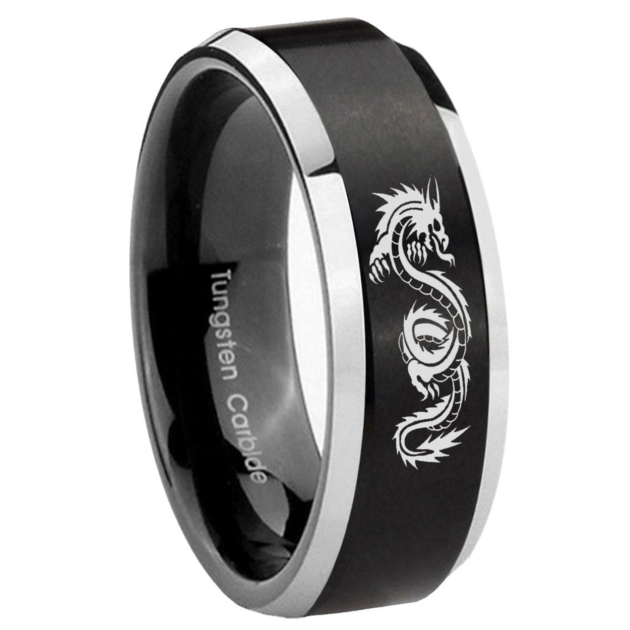 Tungsten Dragon Design 8mm Brushed Black 2 Tone Beveled Edges Men Ring ...