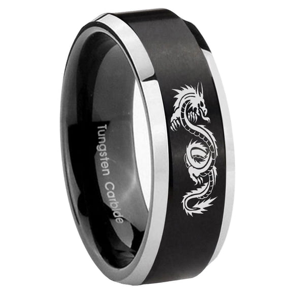 Tungsten Dragon Design 8mm Brushed Black 2 Tone Beveled Edges Men Ring ...