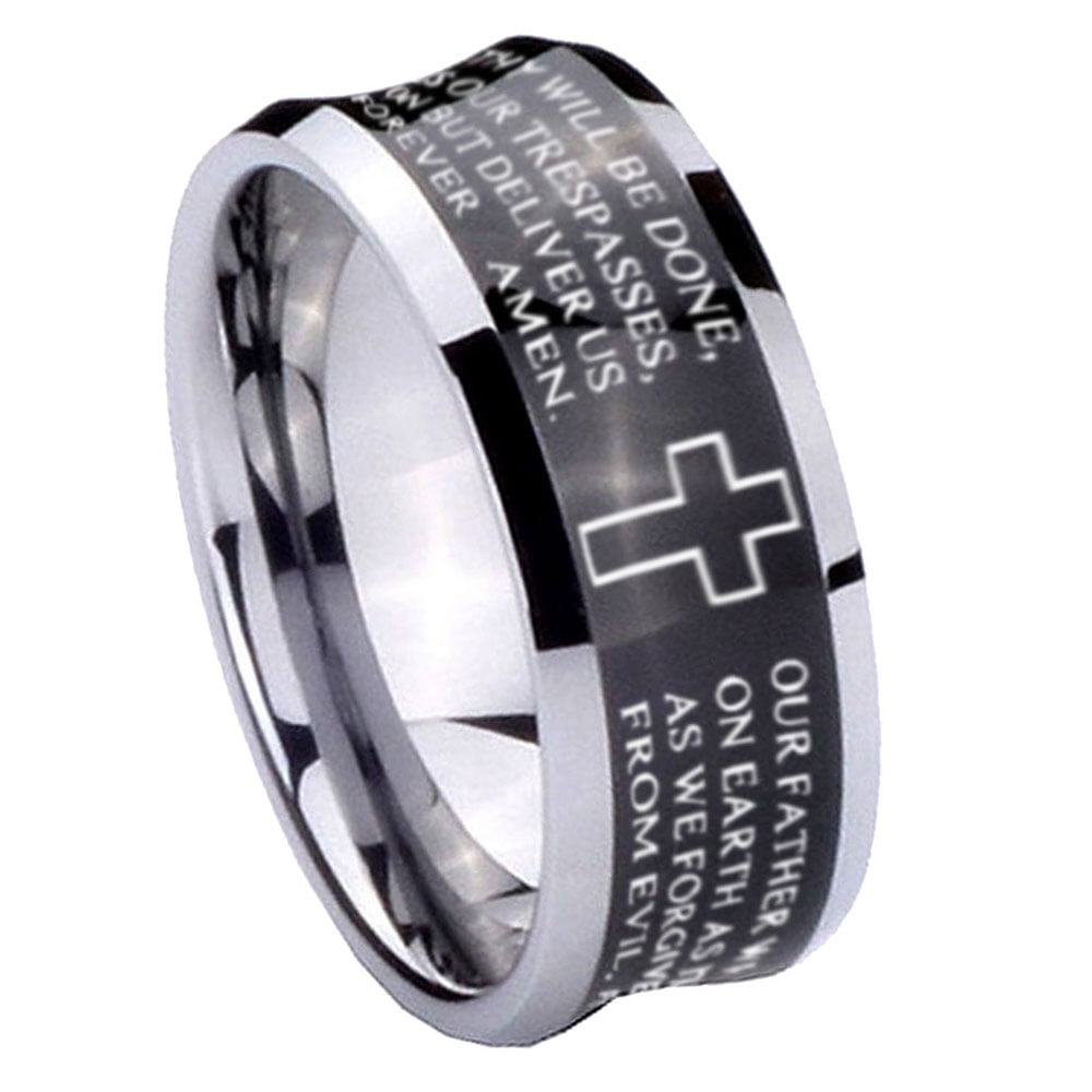 Tungsten Etched Lord's Prayer Cross 8mm Brushed Black Polished Concave ...