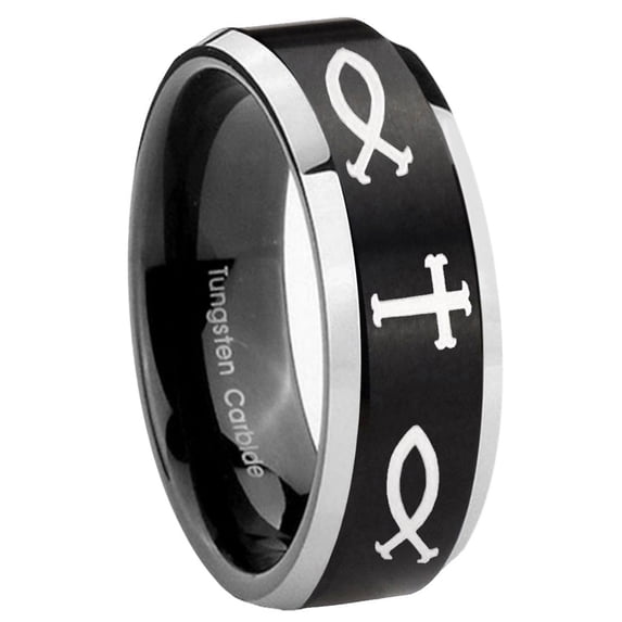 Tungsten Fish & Cross 8mm Brushed Black 2 Tone Beveled Edges Men Ring ...