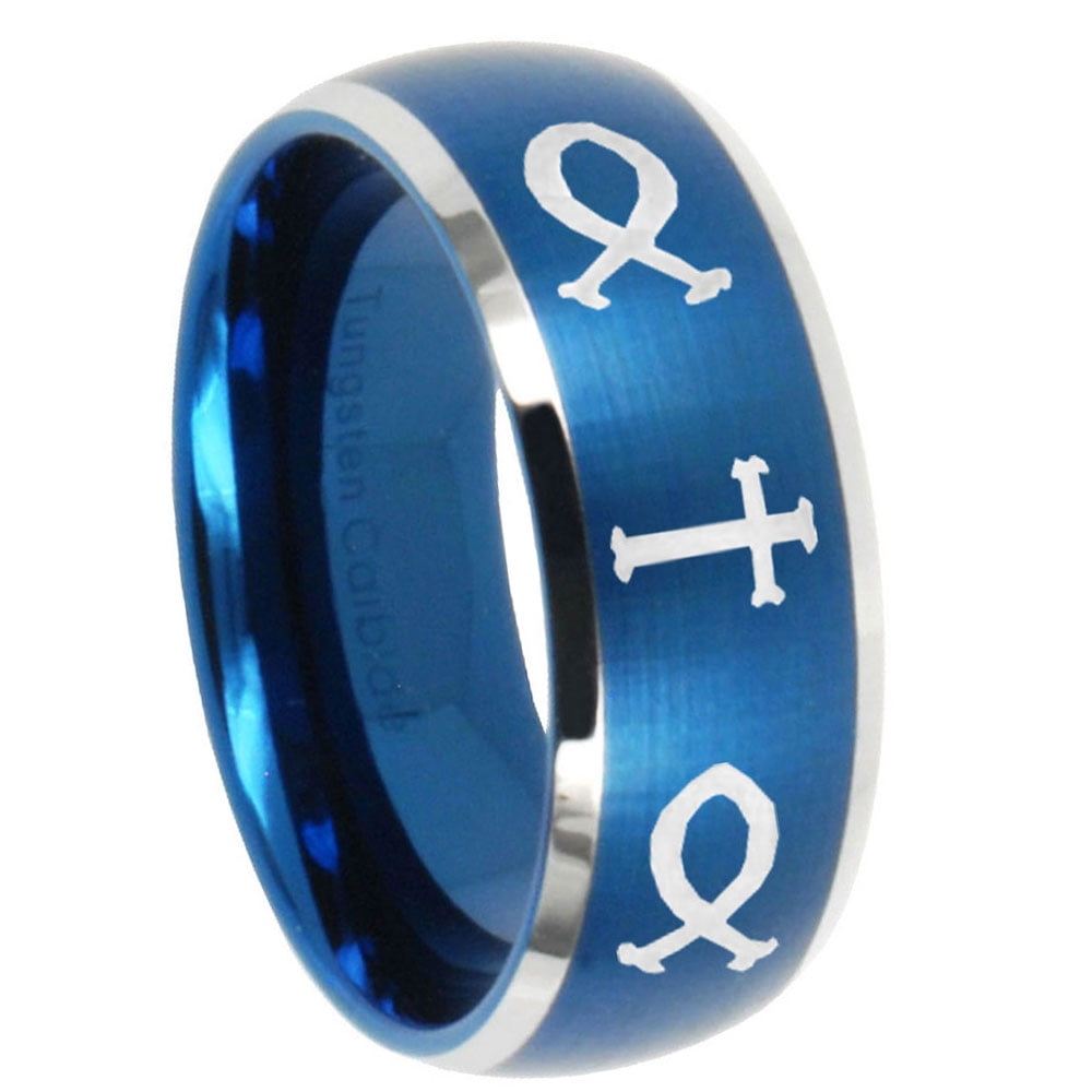 Tungsten Fish & Cross 8mm Brushed Blue Two Tone Dome Polished Edges Men ...