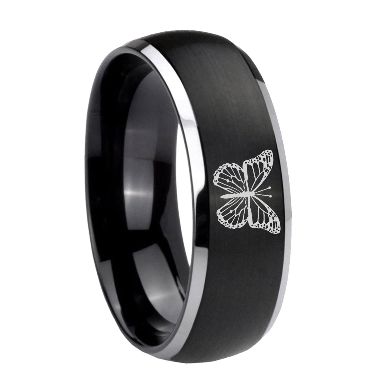 Tungsten Flying Butterfly 8mm Brushed Black 2 Tone Dome Polished Edges ...