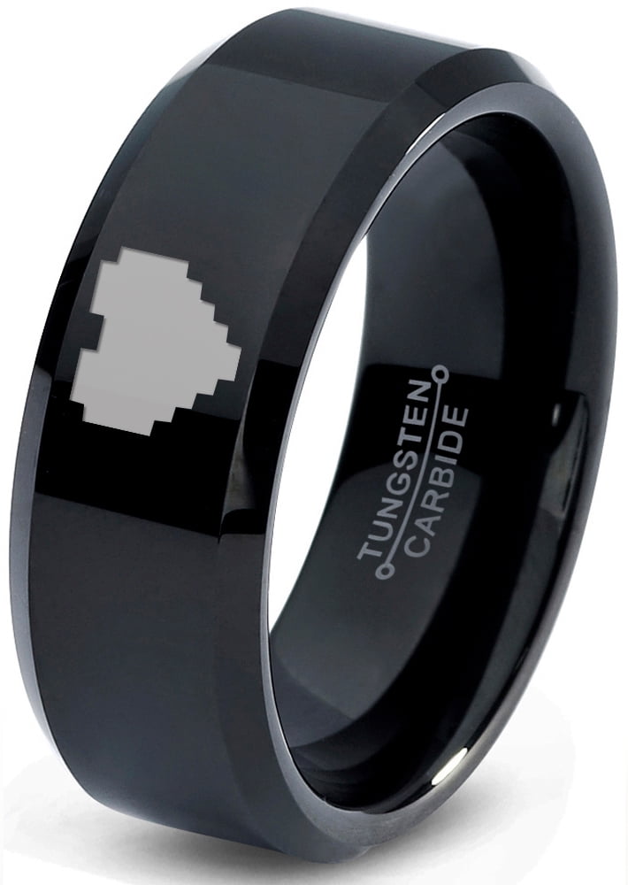 Tungsten Gamer Heart Band Ring 8mm Men Women Comfort Fit Black Beveled ...
