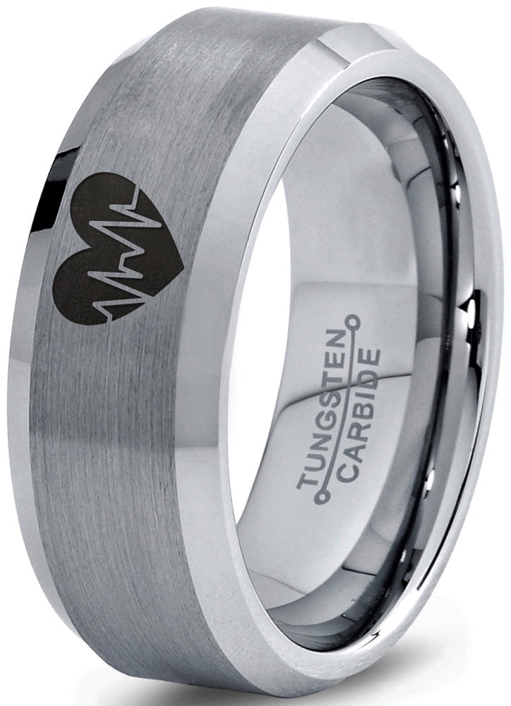 Tungsten Heart Beat HeartBeat Emoji Line CPR EMT Band Ring 8mm Men ...