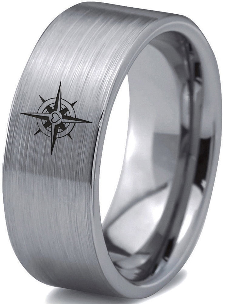 Tungsten Heart Compass Band Ring 8mm Men Women Comfort Fit Gray Flat ...